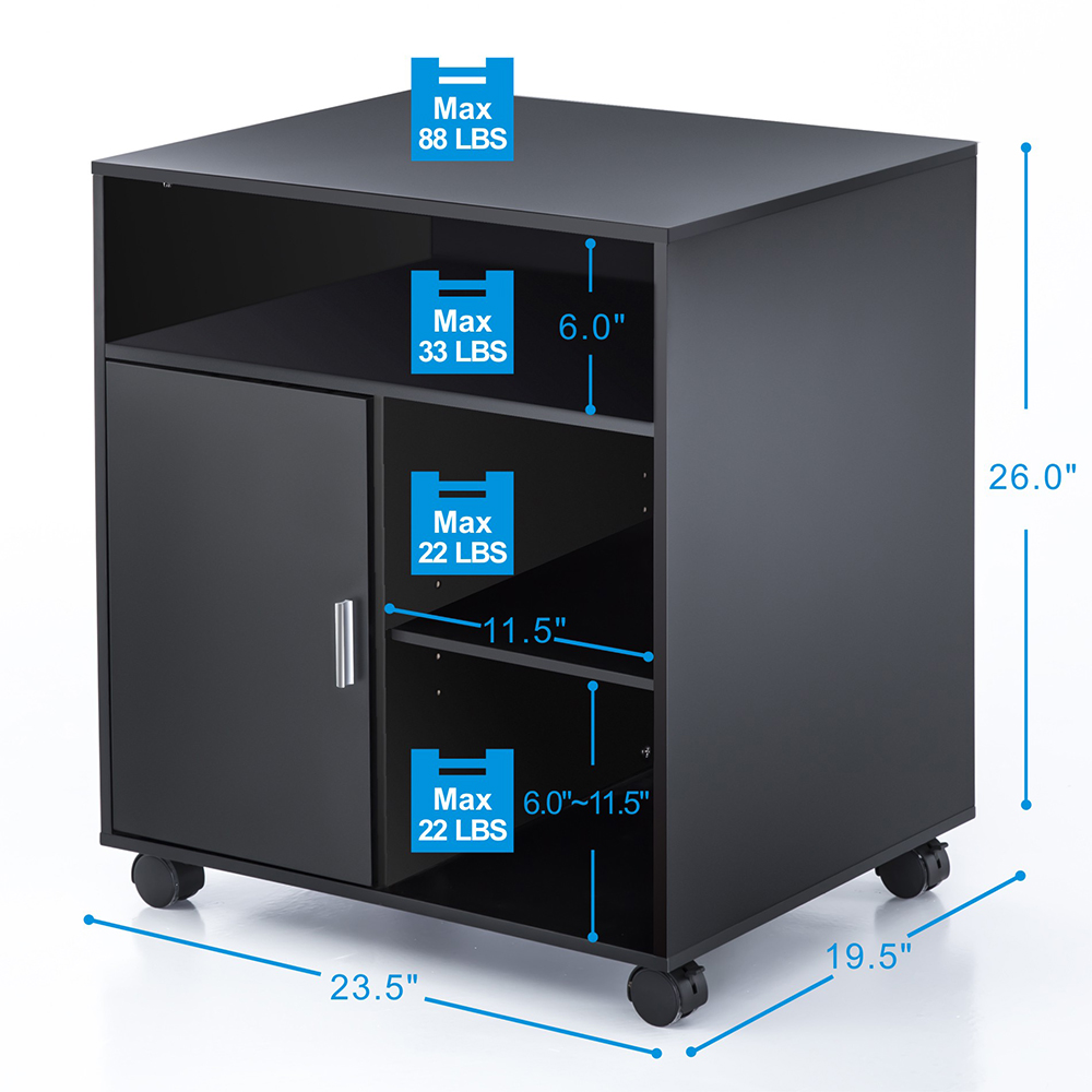 Fitueyes Black Wood Mobile Printer Cart With Wheels Under Desk Office ...