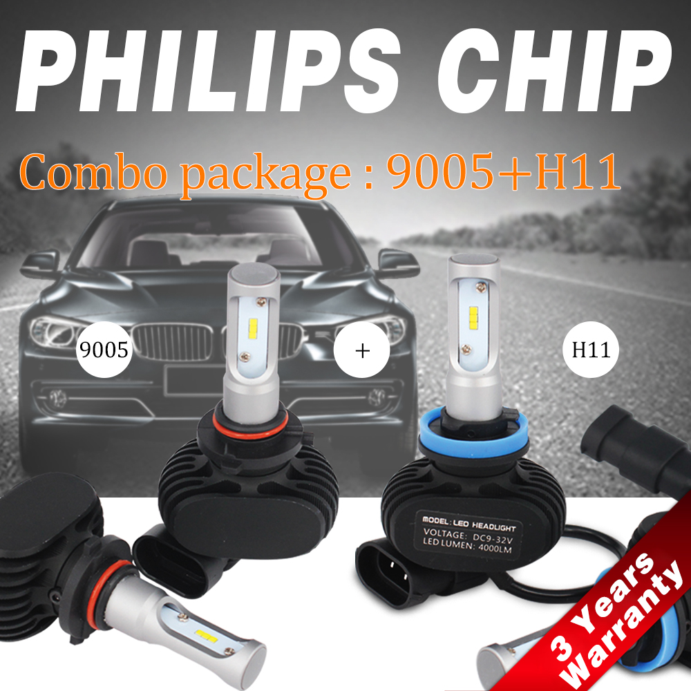 Combo Philips 100W 16000LM 9005 H11 LED Headlight Kit High/Low Beam ...