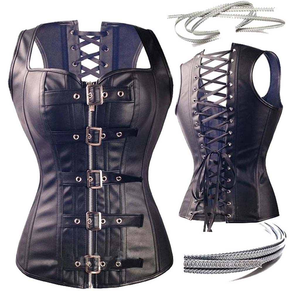 Sexy Spiral Steel Boned Corset Women Faux Leather Corset Top Gothic