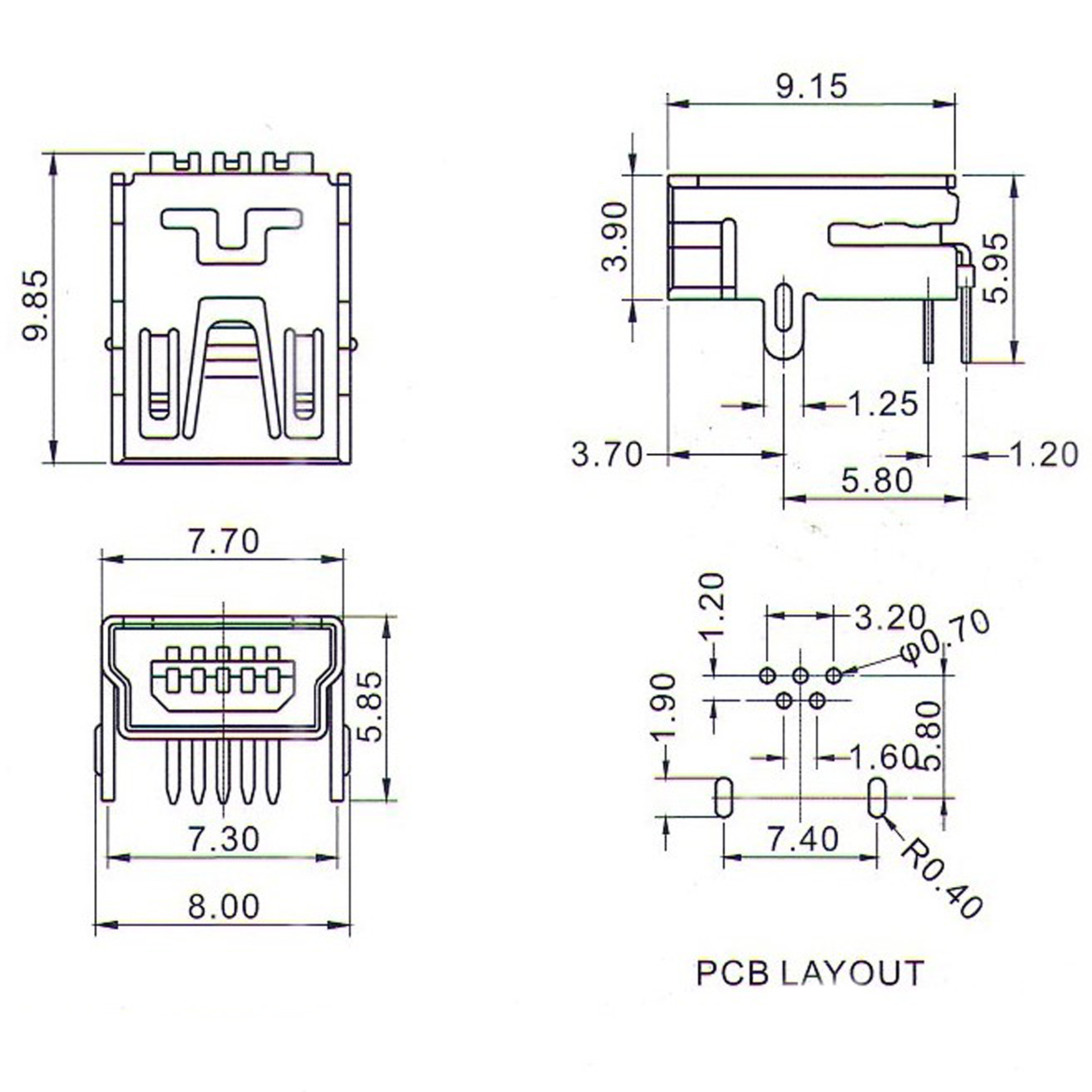 100Pcs Mini USB Female 5Pin Type B Right Angle PCB Socket Connector DIY ...
