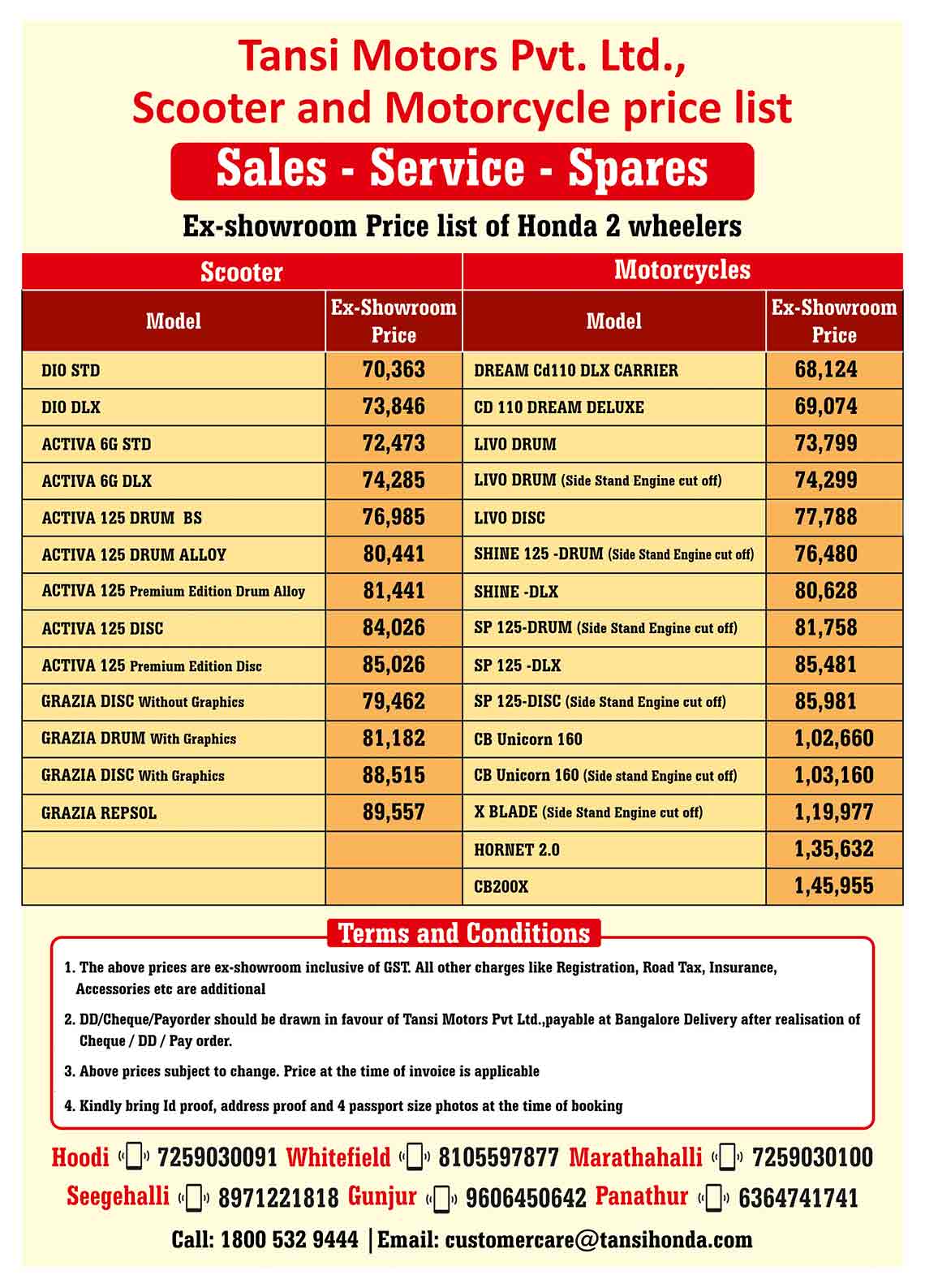 Contact Honda Bike Dealer, Showroom in Bangalore at Tansi Honda