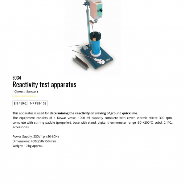 LIME TESTING REACTIVITY APPARATUS - SLAKING VESSEL YIELD OF LIME ...