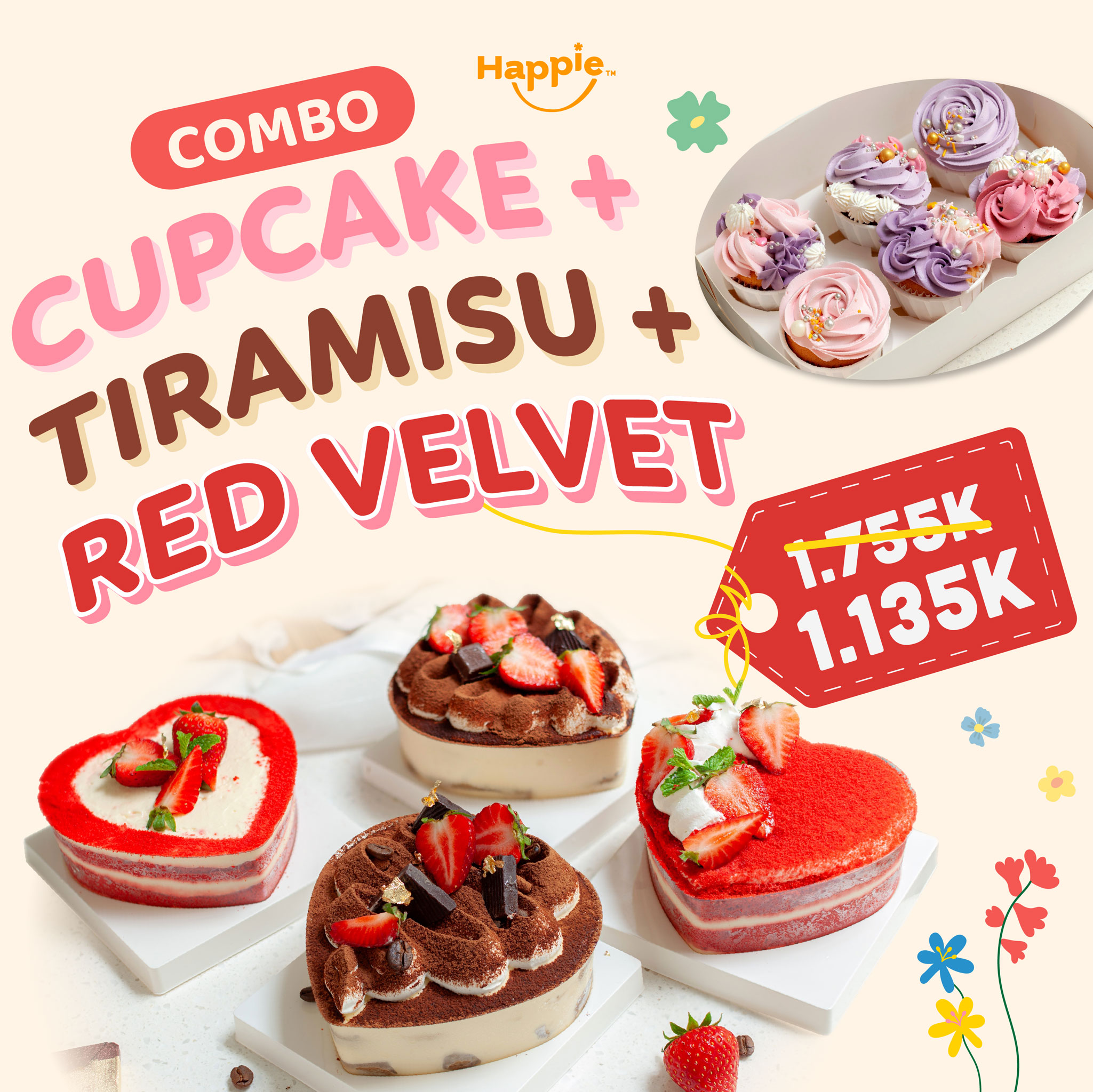 Combo 3 lớp CUPCAKE + Tiramisu + Red Velvet