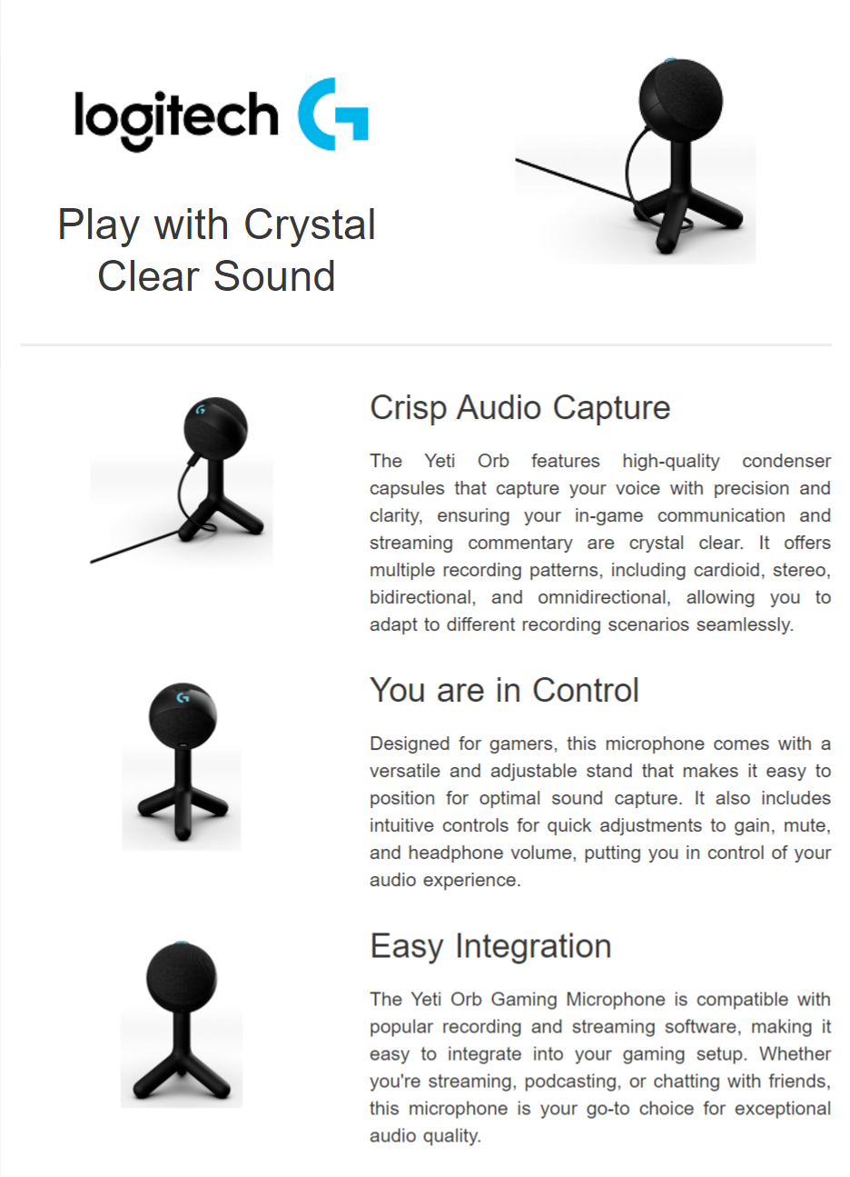 Logitech Yeti Orb Condenser RGB Gaming Microphone with LIGHTSYNC ...