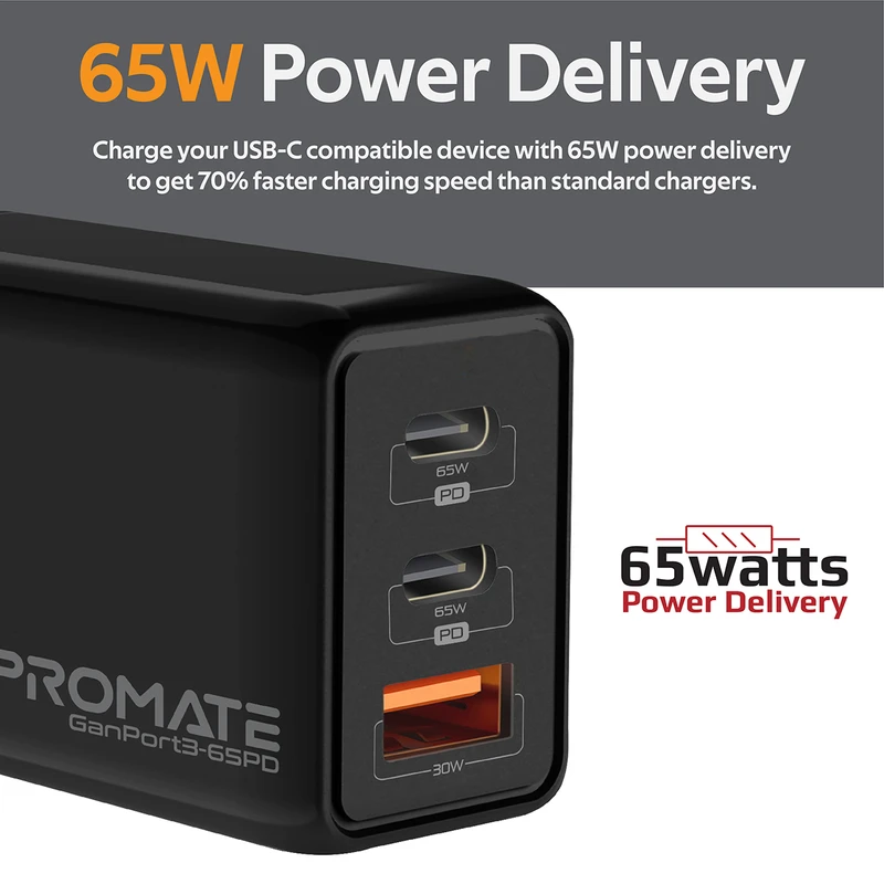 Promate GaNPort3-65PD 65W Power Delivery GaNFast Charging Adaptor ...