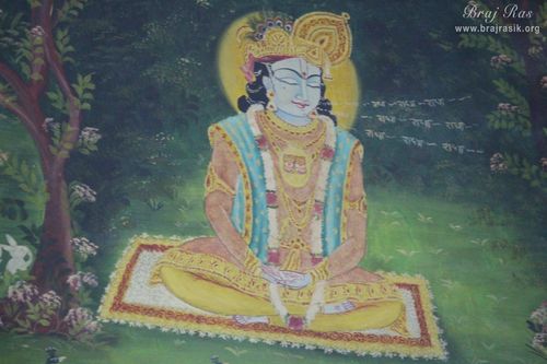 Shri Krishna meditating upon Shri Radha, painting at Old Ras Mandal or ...