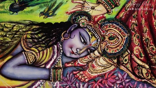 Shri Krishna crying serving lotus feet of Shri Radha