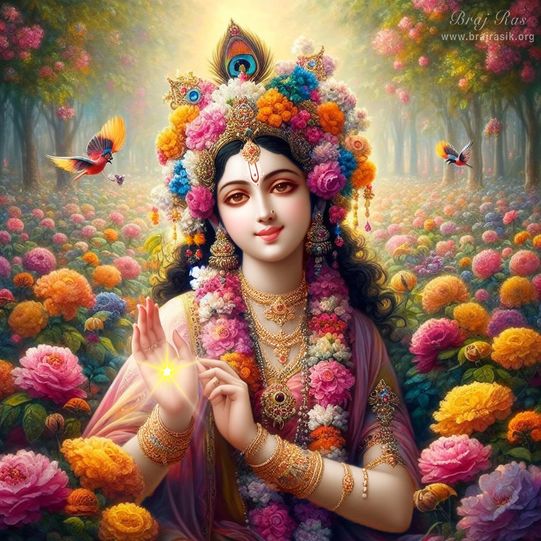 Sri Radhika, gracefully stands in a flower-filled forest bower of ...