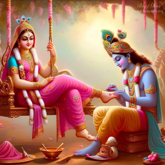 Sri Krishna Serves The Lotus Feet Of Sri Radha By Adorning Them With Mahavar A Red Color