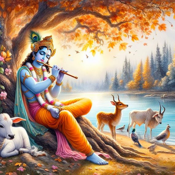 Sri Krishna, enchantingly playing a melodious flute, beneath the shade ...