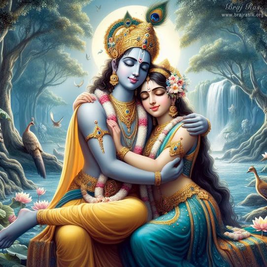 The divine couple, Sri Radha and Krishna, embracing each other, in the ...