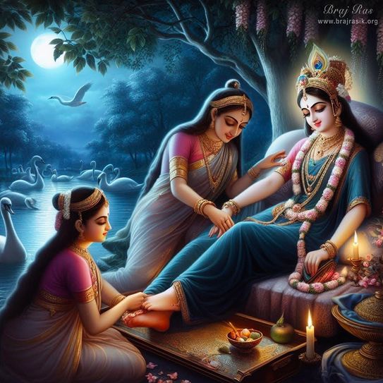 Sri Radha's maids serving Shri Radha.