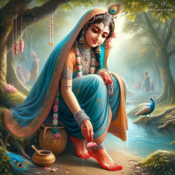 Sri Radha with light blue garments and a peacock feather, is sitting ...
