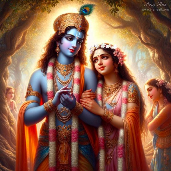 The divine couple, Sri Radha Krishna, walking together from the Kunjas ...