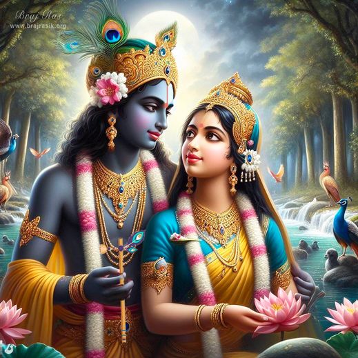 The divine couple, Sri Radha Krishna standing looking at each other.