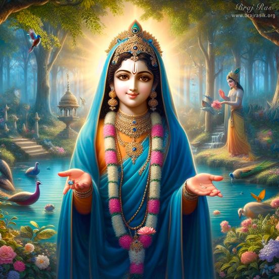 A portrayal of Shri Radha Rani eagerly awaits Her devotee with Her open ...