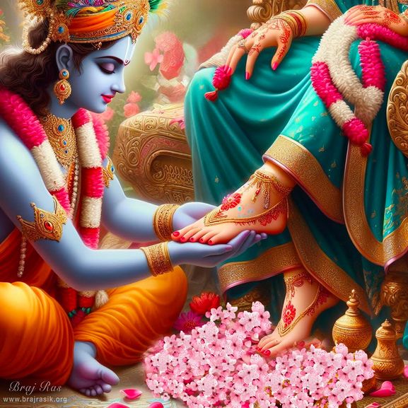 Sri Krishna serving lotus feet of Sri Radha while she is seated in her ...