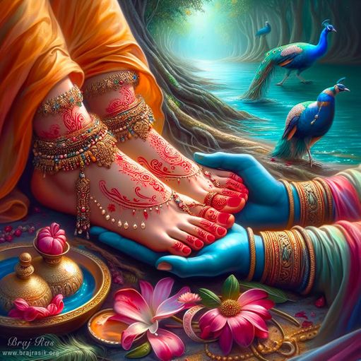 Sri Krishna holding and serving the lotus feet of Sri Radha on the ...