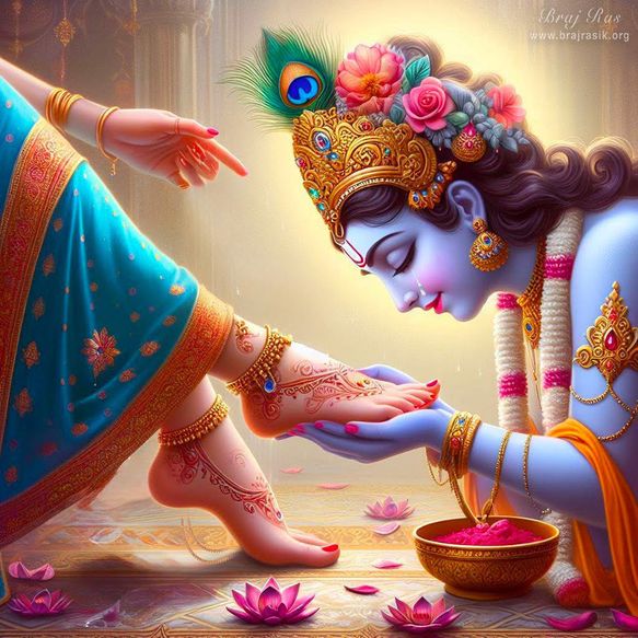 Sri Krishna, immersed in love, serves Sri Radha's lotus feet with tears ...