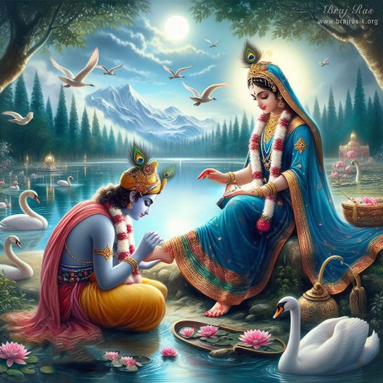 Sri Krishna lovingly serving the lotus feet of Sri Radha