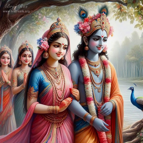 Sri Radha Krishna, walking together, at the bank of Yamuna, followed by Sakhis, under a tree in ...