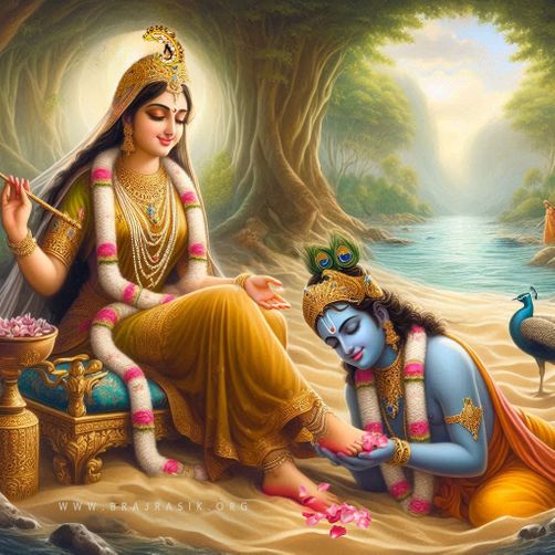 Lord Sri Krishna, lovingly serving the lotus feet of Sri Radha in the ...