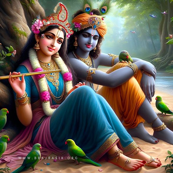 Sri Radha, holding Sri Krishna’s flute, under a tree in Vrindavan in ...