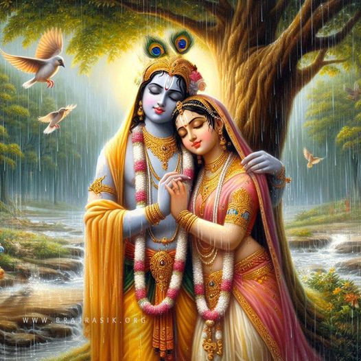 The divine couple, Sri Radha Krishna, stand embraced beneath a tree in ...