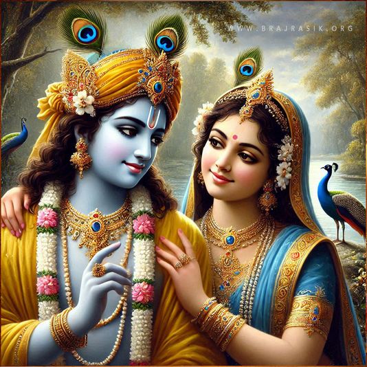 Shri Radha, with her arms around Shri Krishna’s shoulders, is gazing at him with a sidelong ...