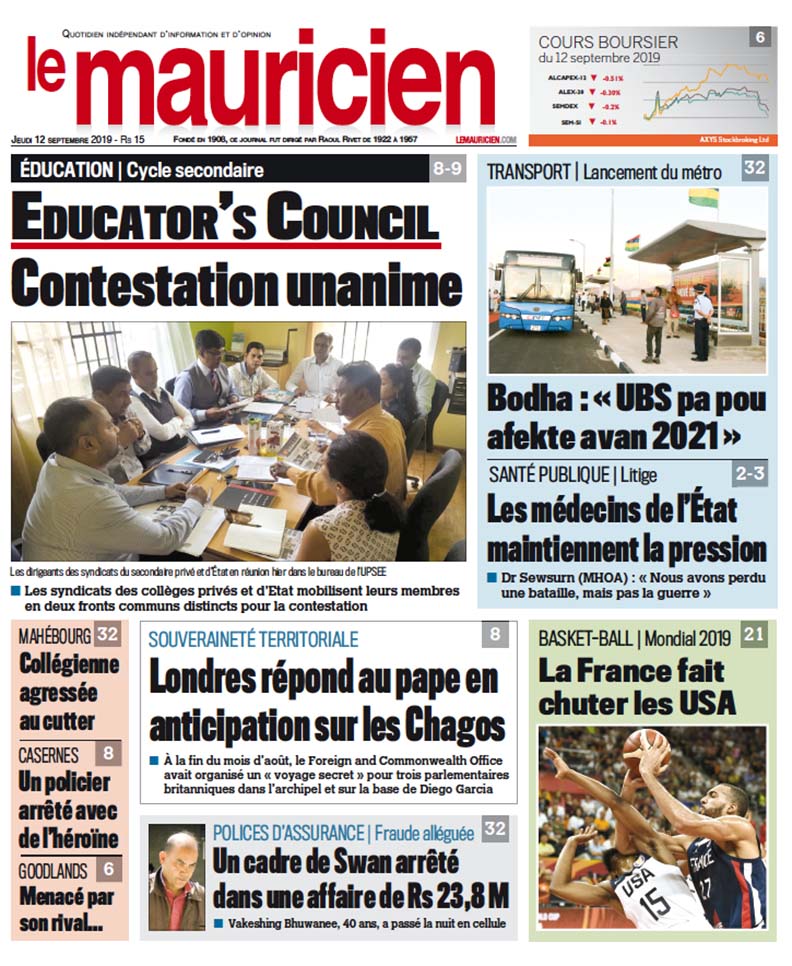 le mauricien du jeudi 12 septembre 2019 - Le Mauricien