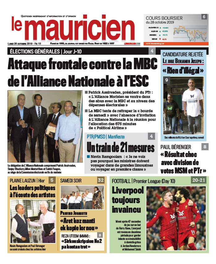 Le Mauricien du 28 octobre 2019 - Le Mauricien