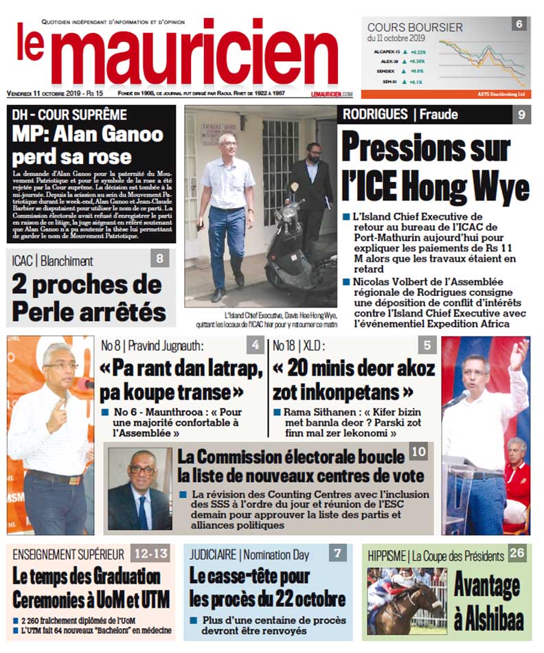 le mauricien du vendredi 11 octobre 2019 - Le Mauricien