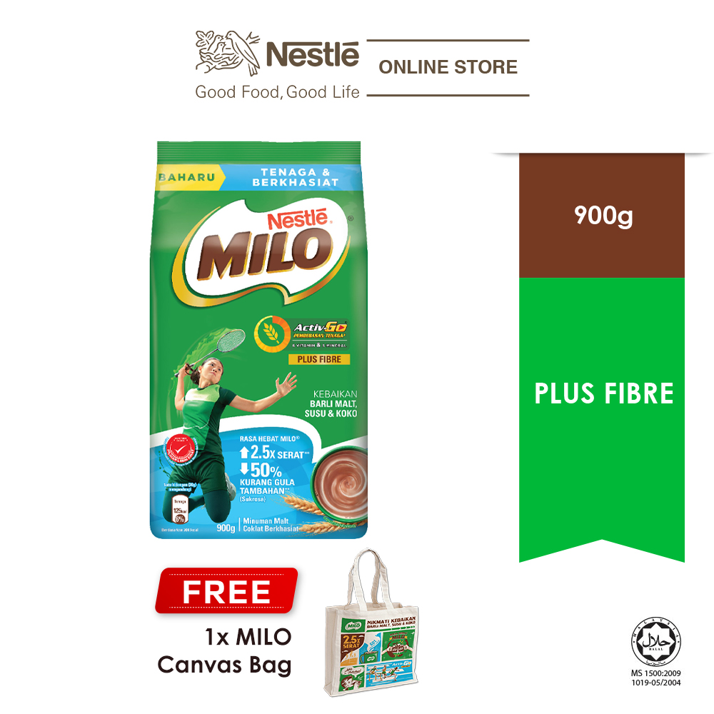 NESTLÃ‰ MILO ACTIV-GO PLUS FIBRE Soft Pack 900g, Free MILO Canvas Bag