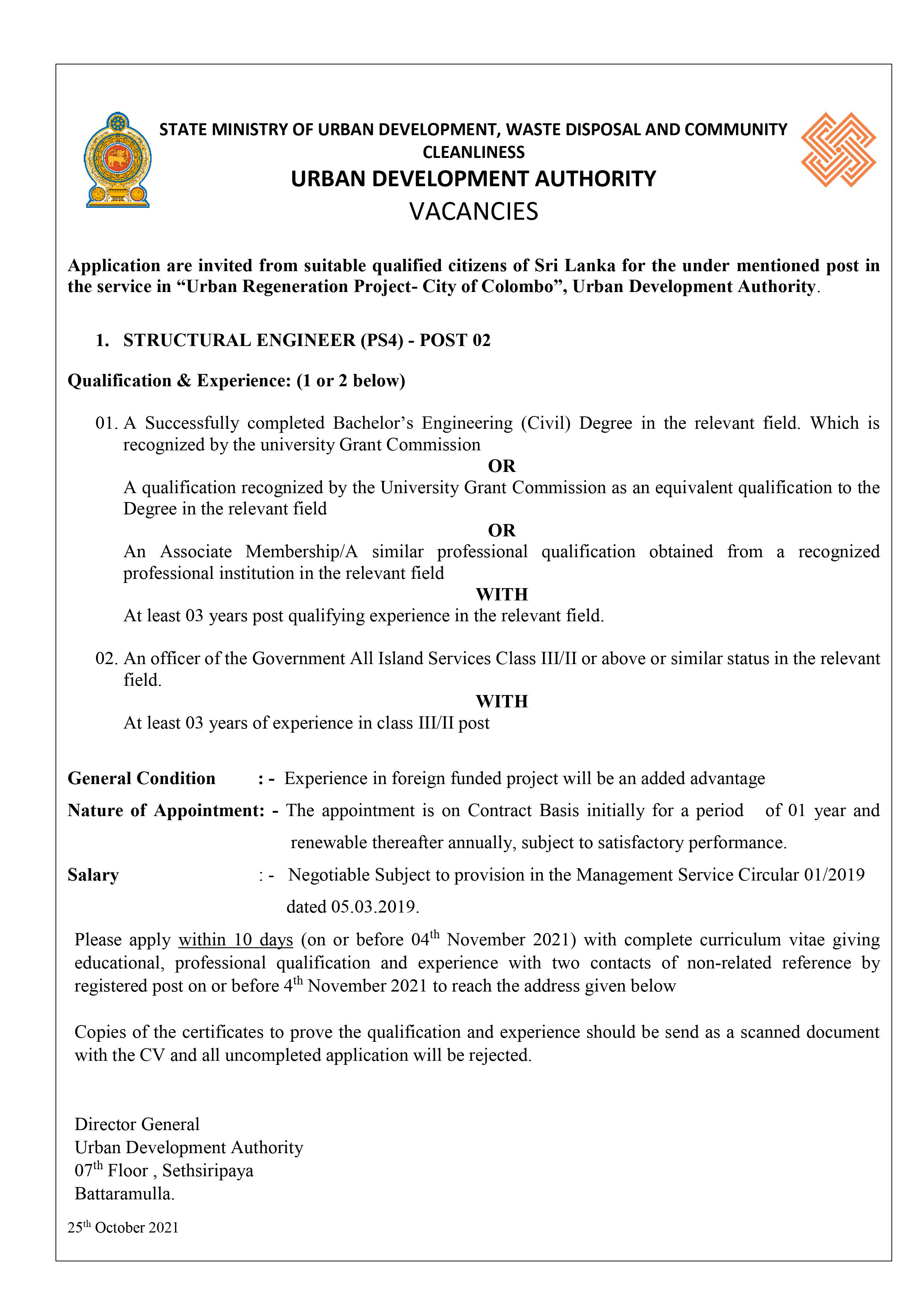 Civil Engineer Structural Engineer Urban Development Authority