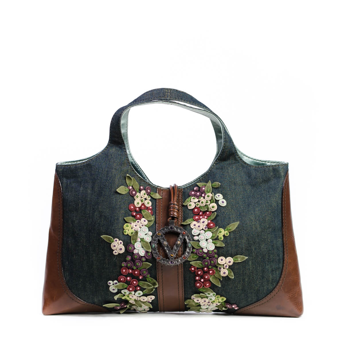 Denim Floral Patched Handbag