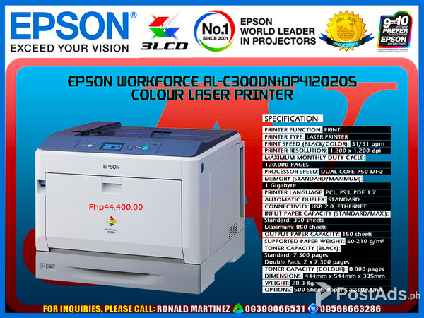 Printer EPSON WORKFORCE AL-C300DN+DP4120205 COLOUR LASER PRINTER ...