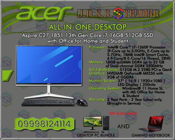 Acer All In One Desktop Pc Aspire C27 1851 13th Gen Core I7 Postadsph