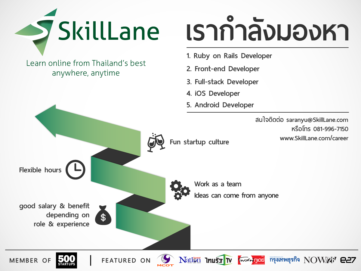 SkillLane กำลังตามหา Developer หลายตำแหน่งมาร่วมทีม (Web, Rails, iOS, Android) | Blognone