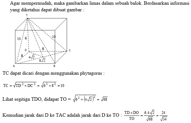 Pada limas T.ABCD dimana TD = 6 cm tegak lurus den...