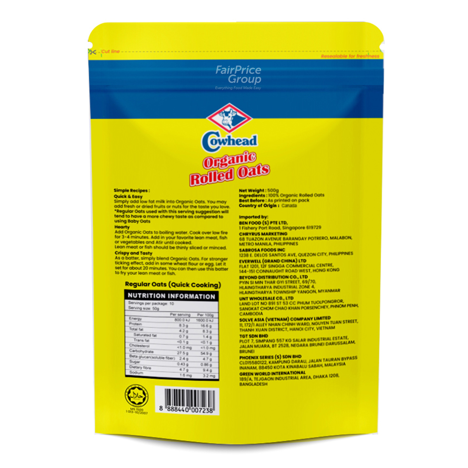 Cowhead Organic Rolled Oats - Quick Cooking | NTUC FairPrice