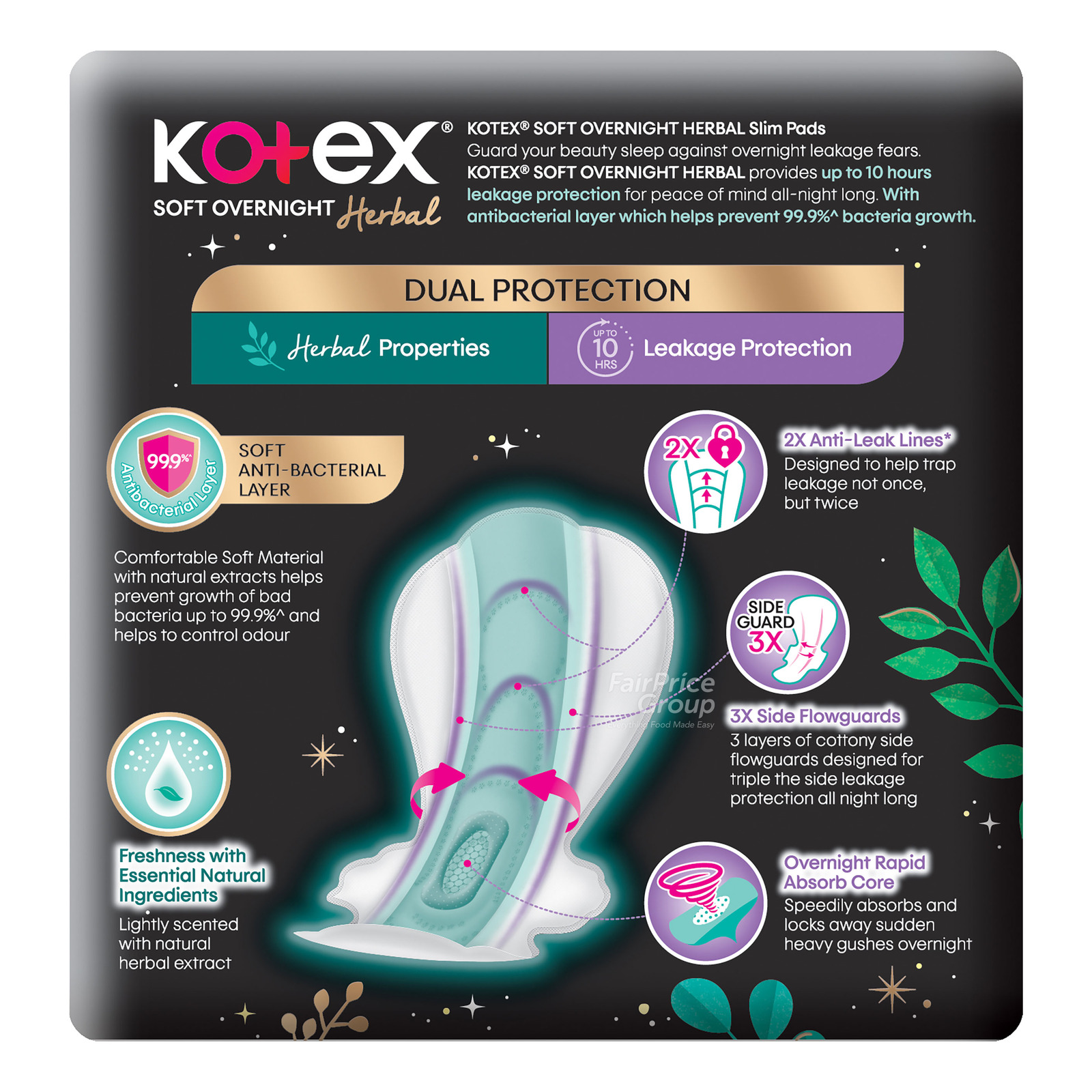Kotex Super Overnight Herbal Sanitary Pad - Heavy (35 cm) | NTUC FairPrice