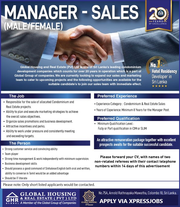 Manager- Sales (Male/Female) - Global Group of Companies | XpressJobs