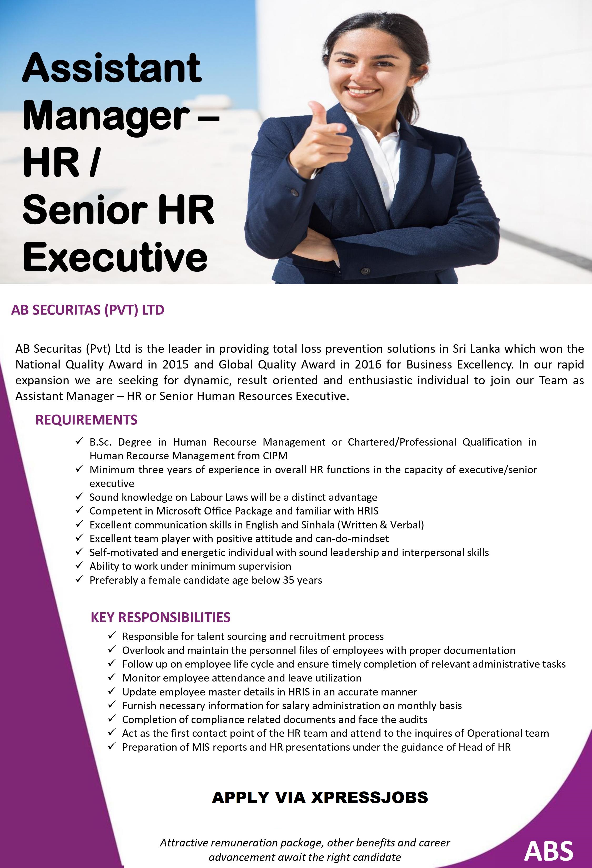 Assistant Manager - HR / Senior HR Executive - Female - Abans Environmental Services (Pvt) Ltd ...