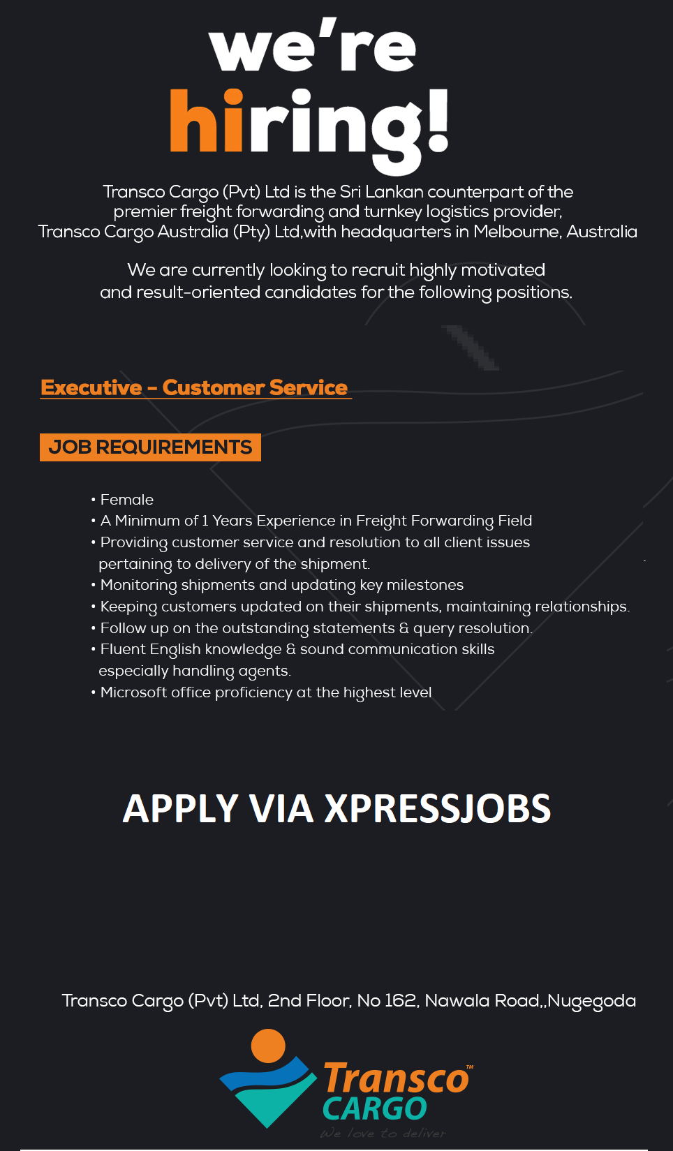 Executive - Customer Service | Female - Transco Cargo | XpressJobs