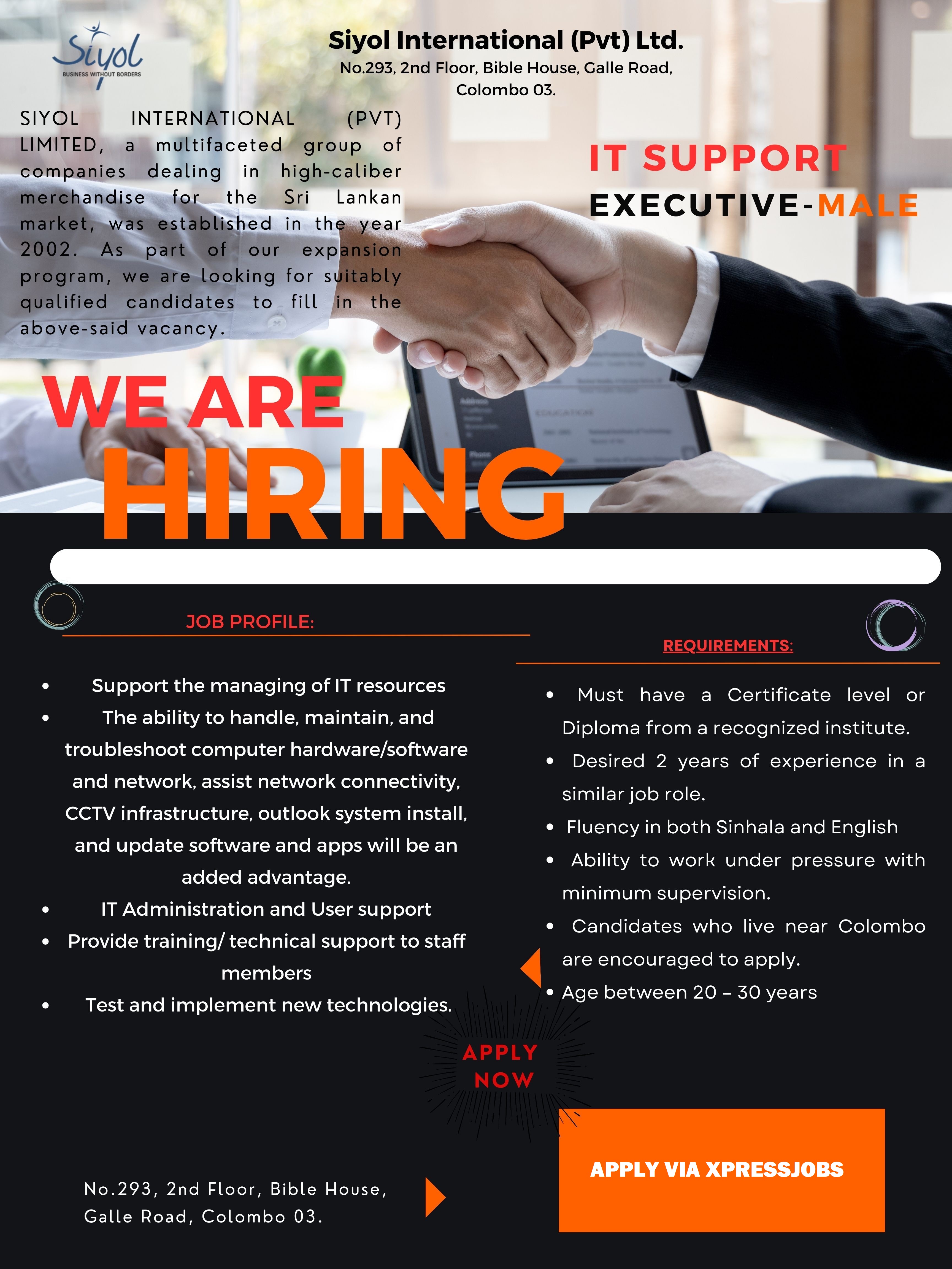 IT Support Executive - Male | Colombo - Siyol International (Pvt) Ltd ...
