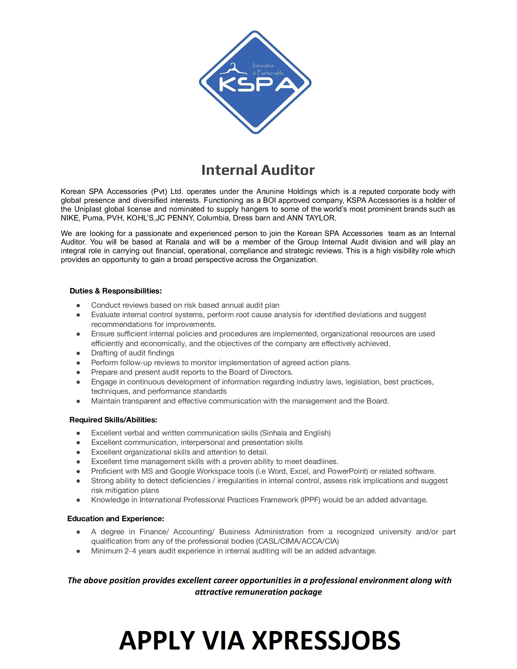 Internal Auditor - KSPA Accessories (Pvt) Ltd | XpressJobs