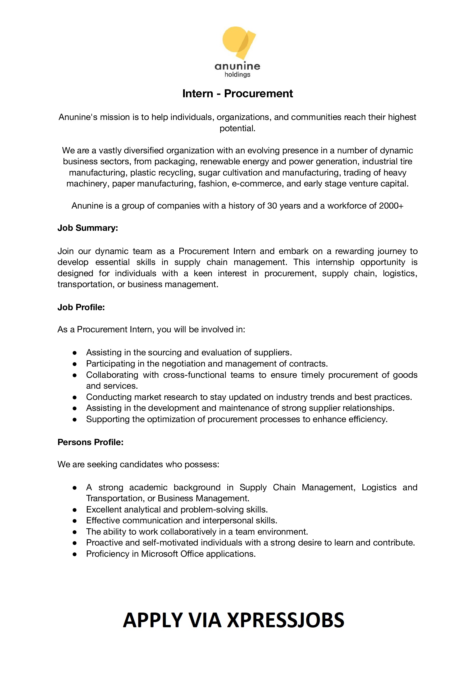 Intern - Procurement - Anunine Holdings | XpressJobs
