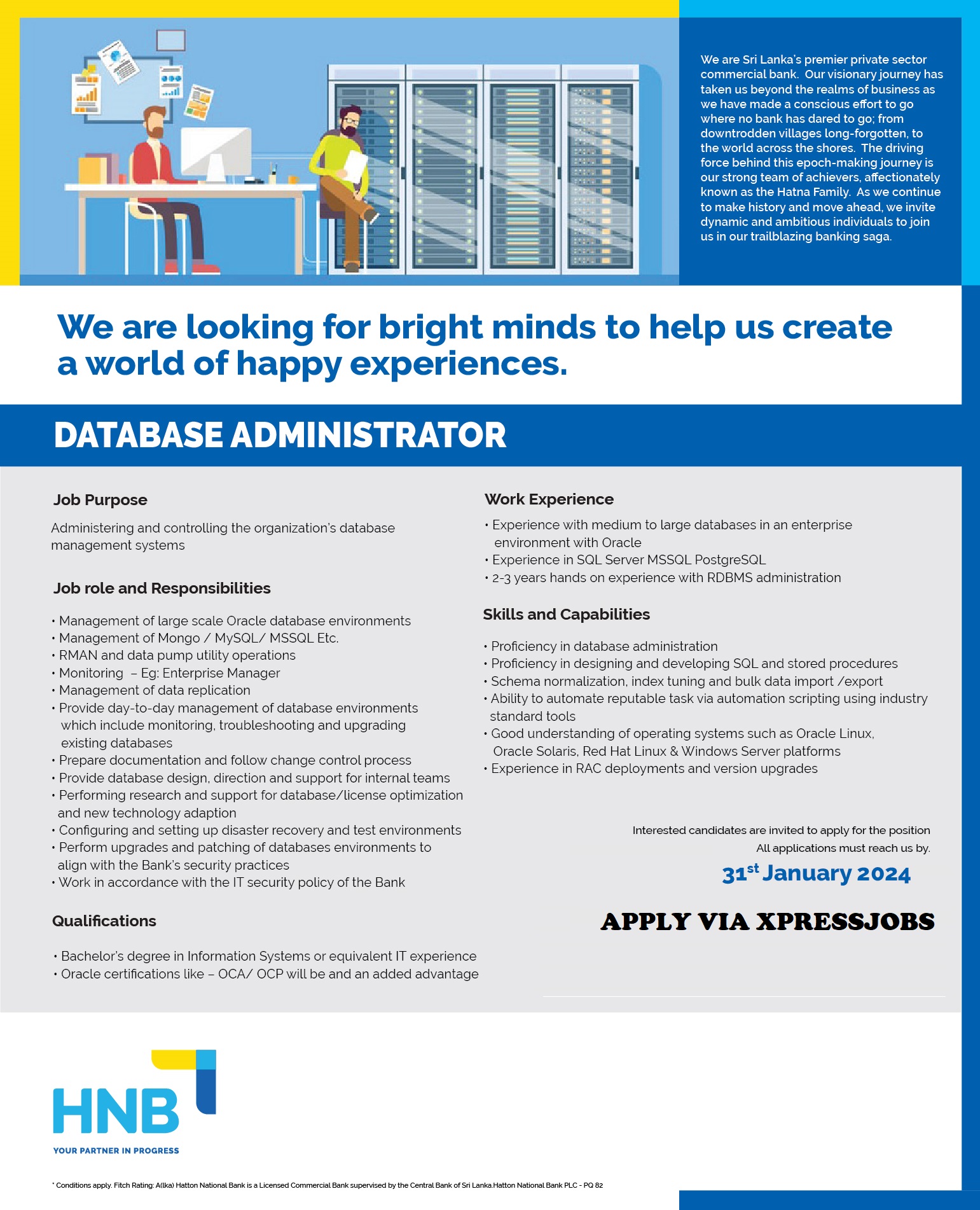 Database Administrator - Hatton National Bank PLC | XpressJobs