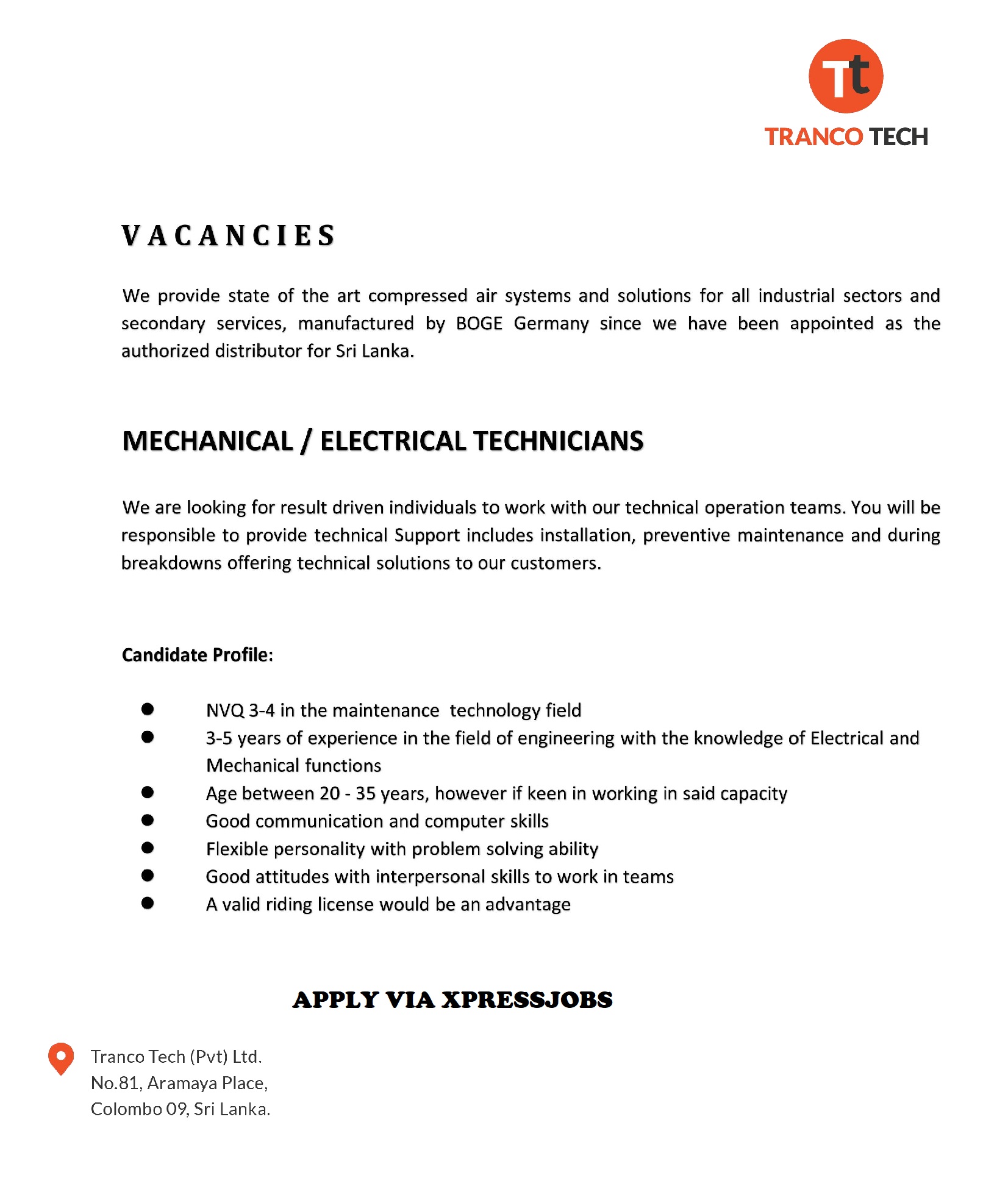 Mechanical / Electrical Technician - Tranco Tech (Pvt) Ltd | XpressJobs