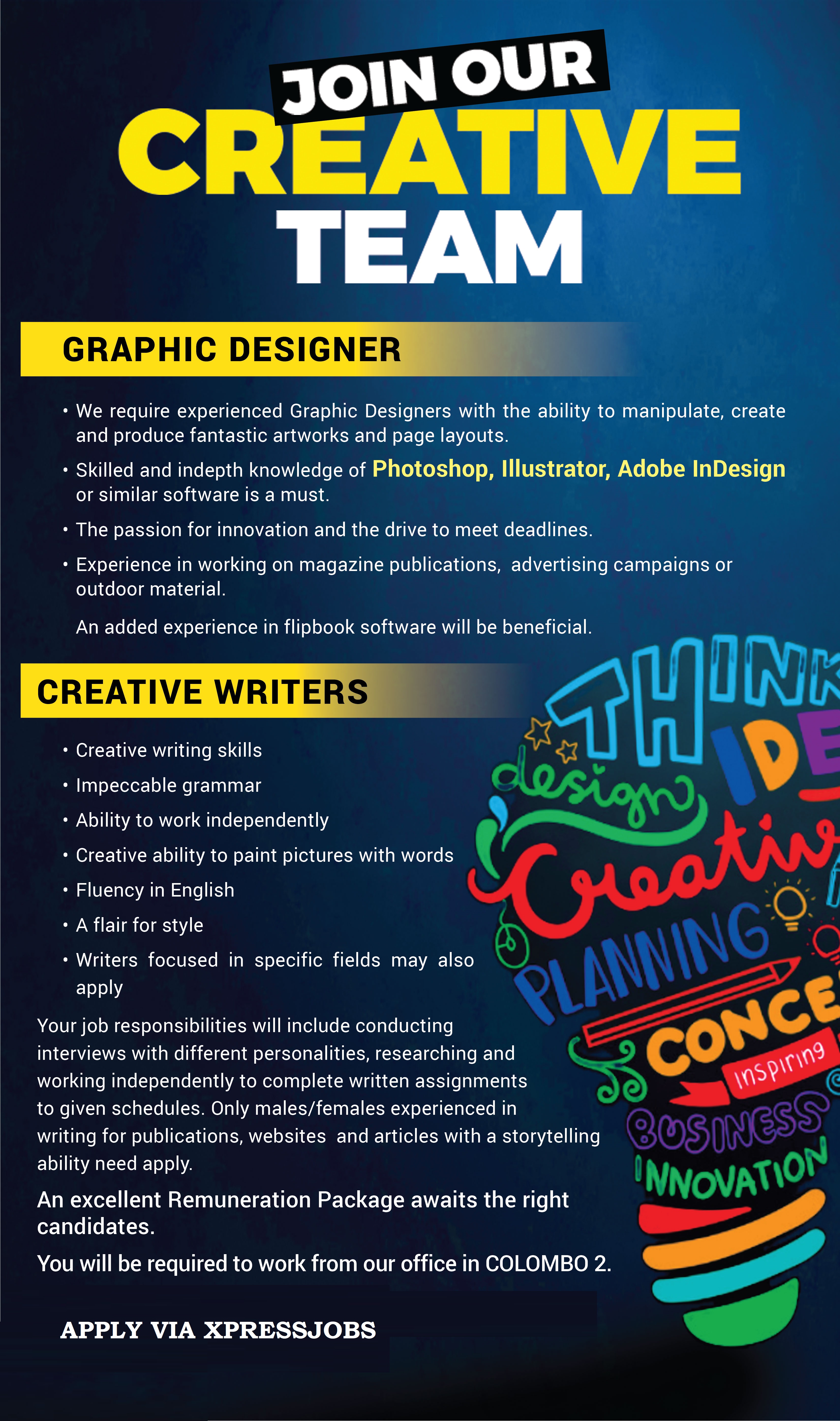 Graphic Designers / Creative Writers | Colombo 02 - Infomag | XpressJobs